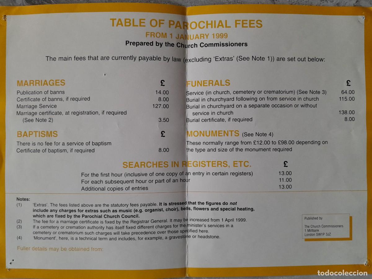 tabla de precios parroquiales - parochial fees - Compra venta en ...