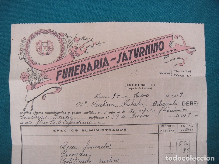 factura funeraria saturnino, murcia 1939 - Comprar Facturas antiguas en ...